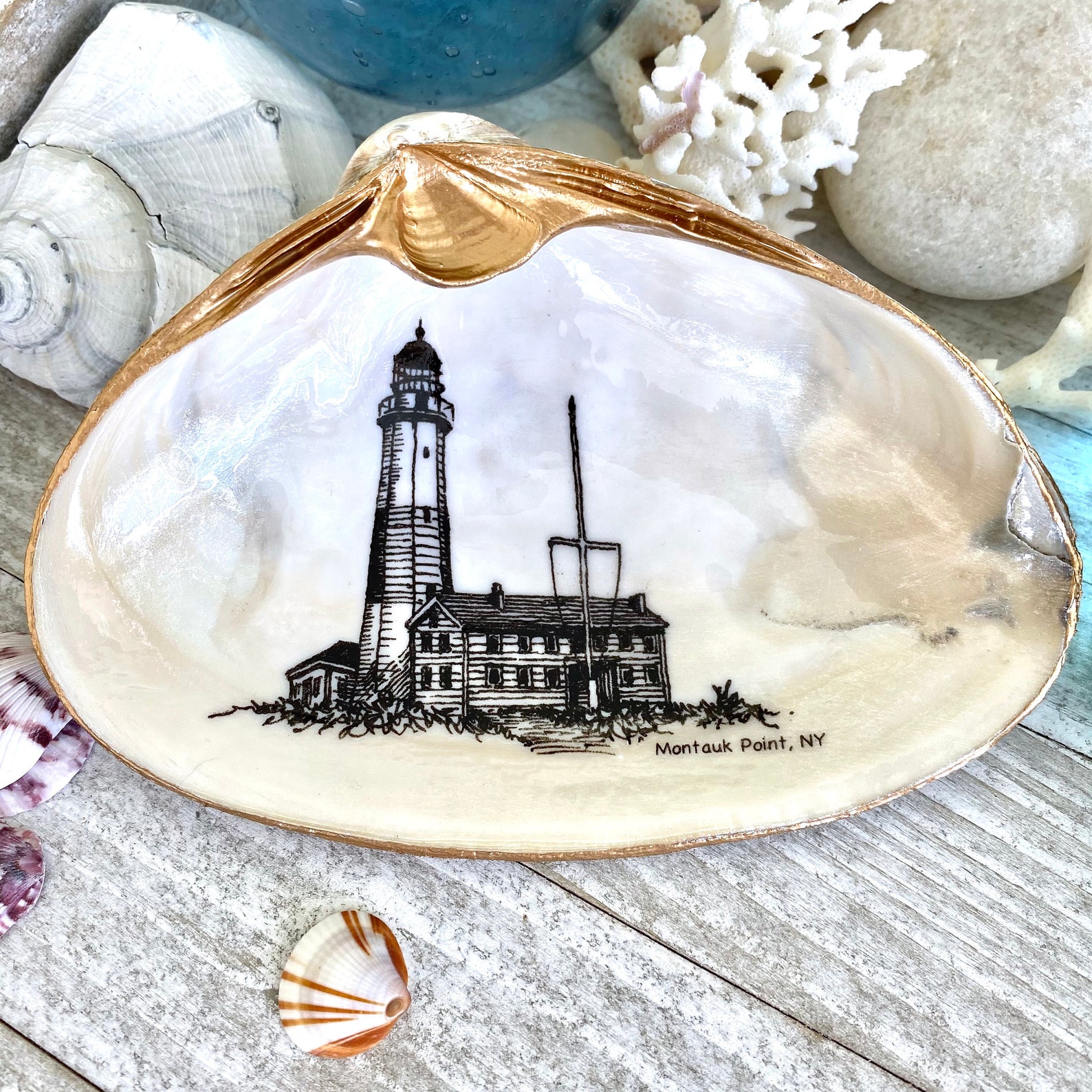 Montauk Lighthouse Decoupage Clam Shell Lighthouse Art Ring - Etsy