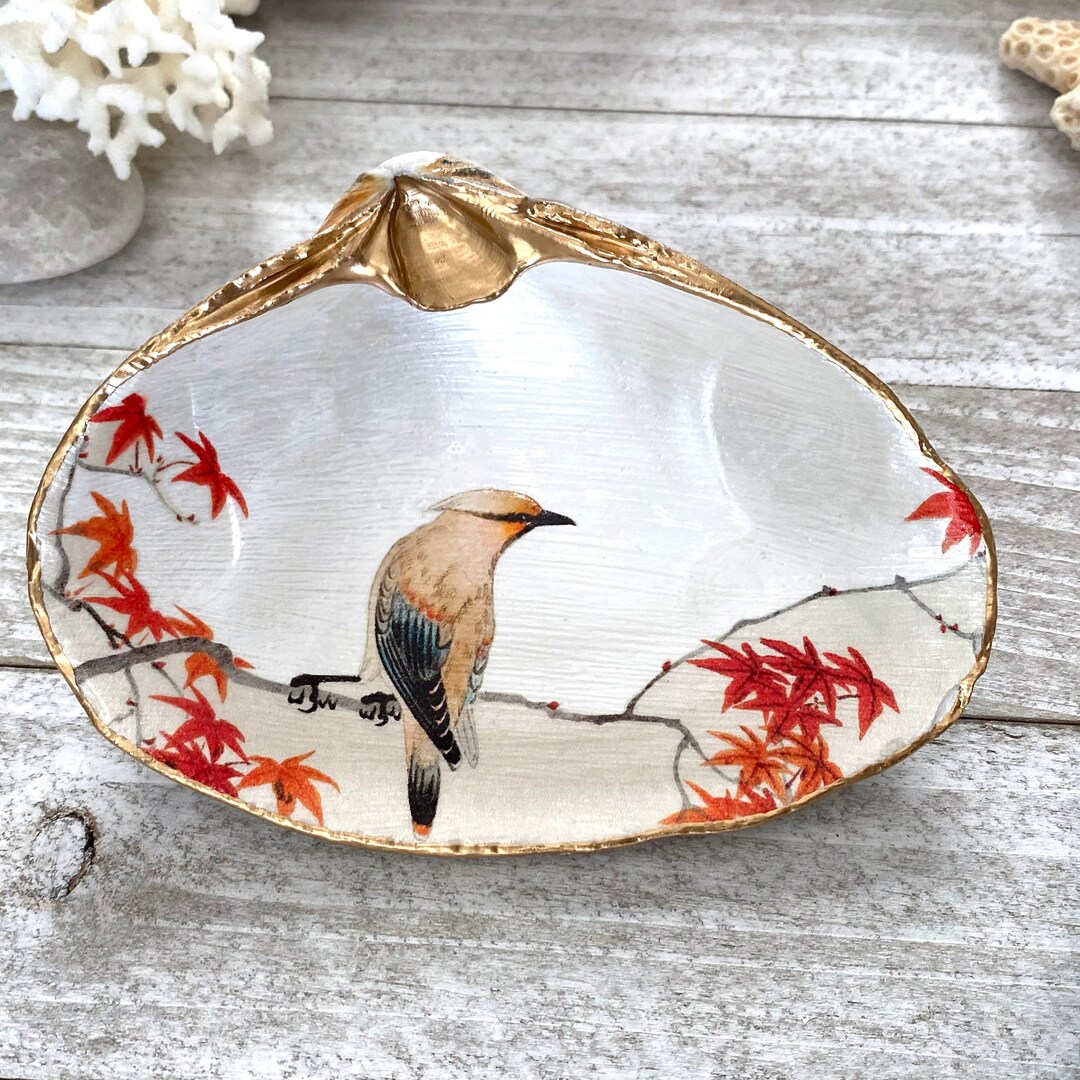 Cedar Waxwing Bird Decoupage Clam Shell Ring Dish, Bird Decor,shell ...