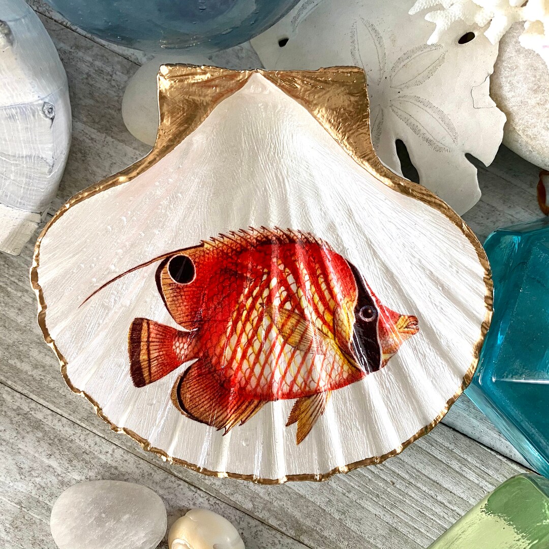 Gold Scallop Shell, Seashell Decoupage, Sea Shell Dish, Ring Dish ...