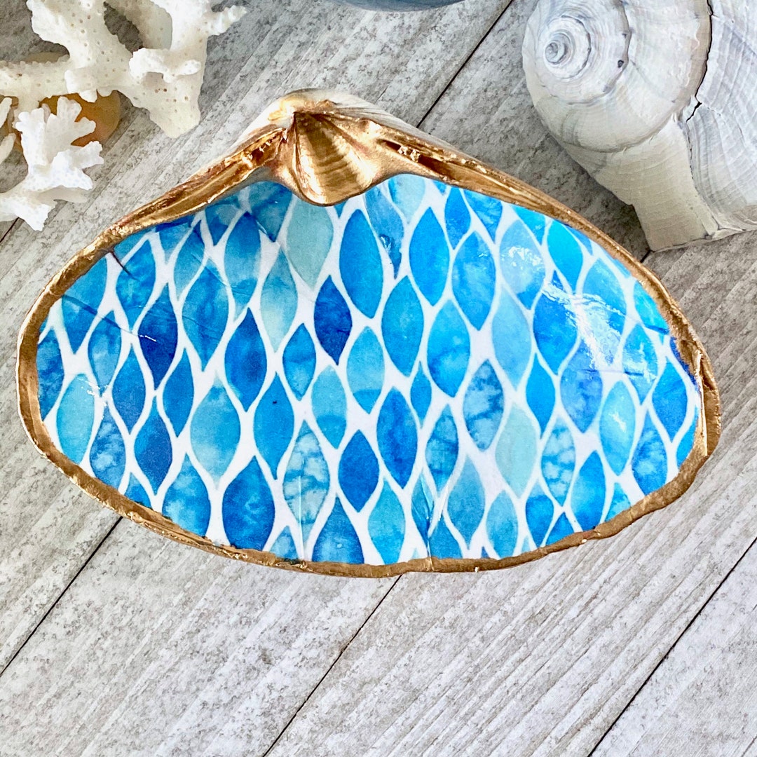 Clam Shell Bowl,decoupage Clam Shell, Blue and White Coastal Decor ...