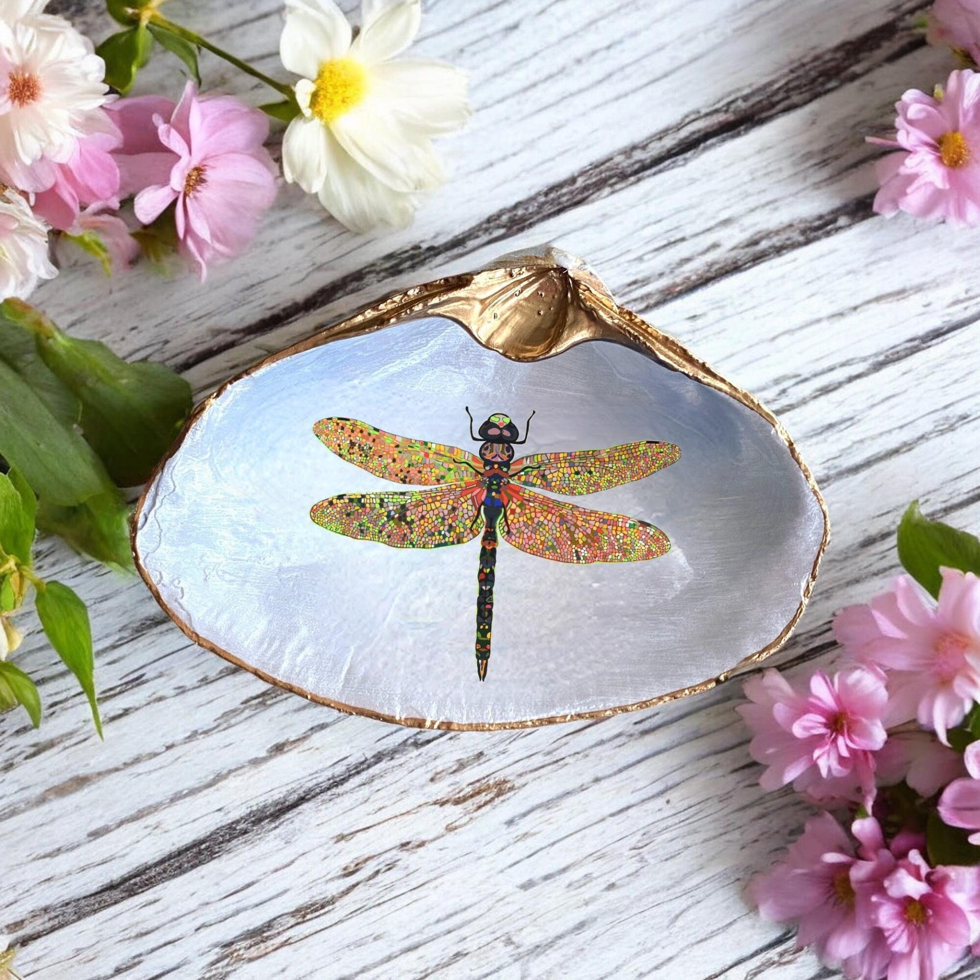 Dragonfly Decoupage Clam Shell, Dragonfly Decor, Sea Shell Ring Dish ...