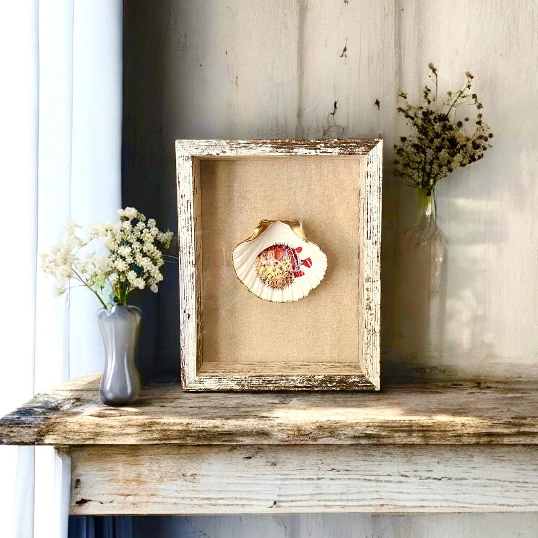 Puffer Fish Art, Coastal Decor Wall Art, Shells Framed, Seashell Shadow ...