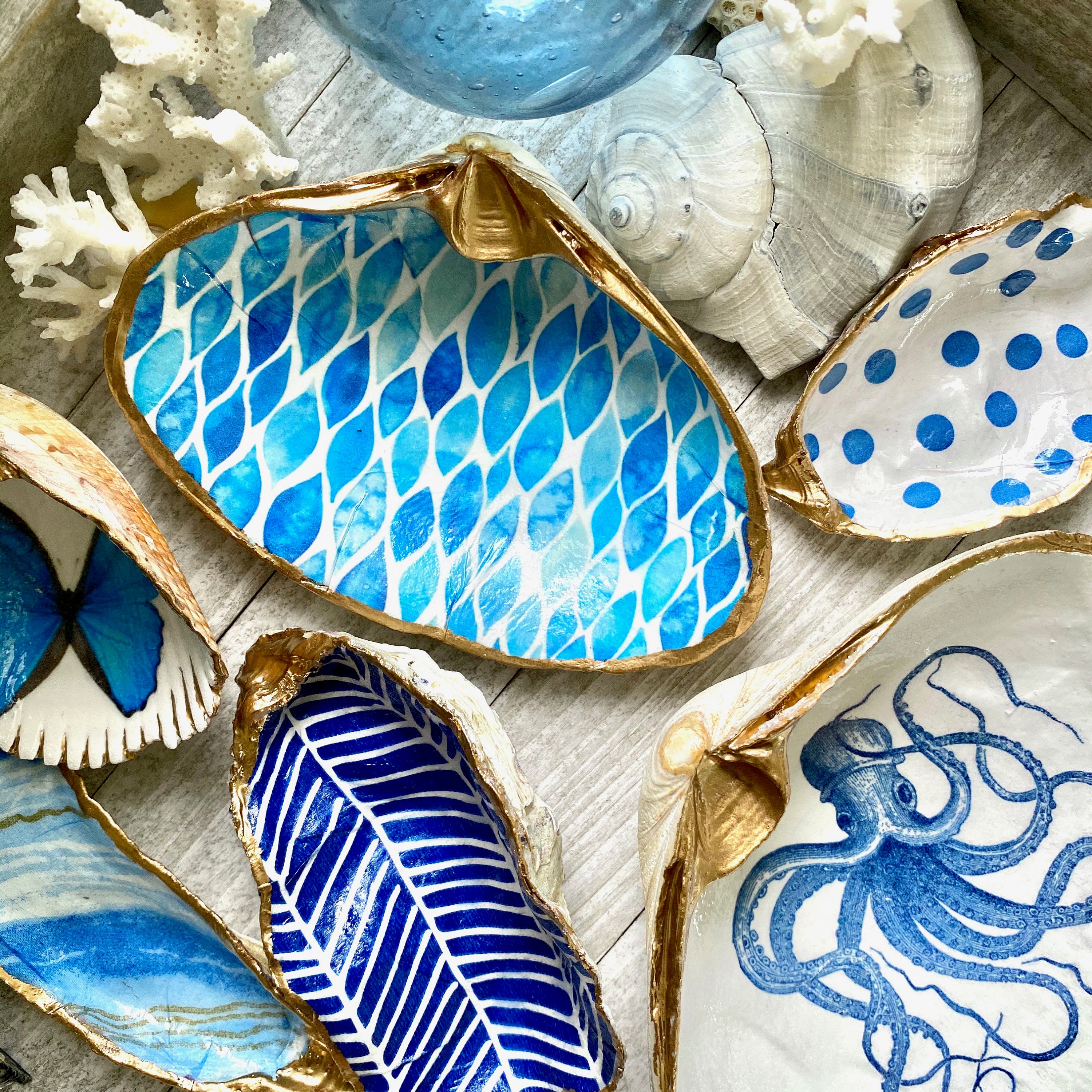 Clam Shell Bowl,decoupage Clam Shell, Blue and White Coastal Decor ...