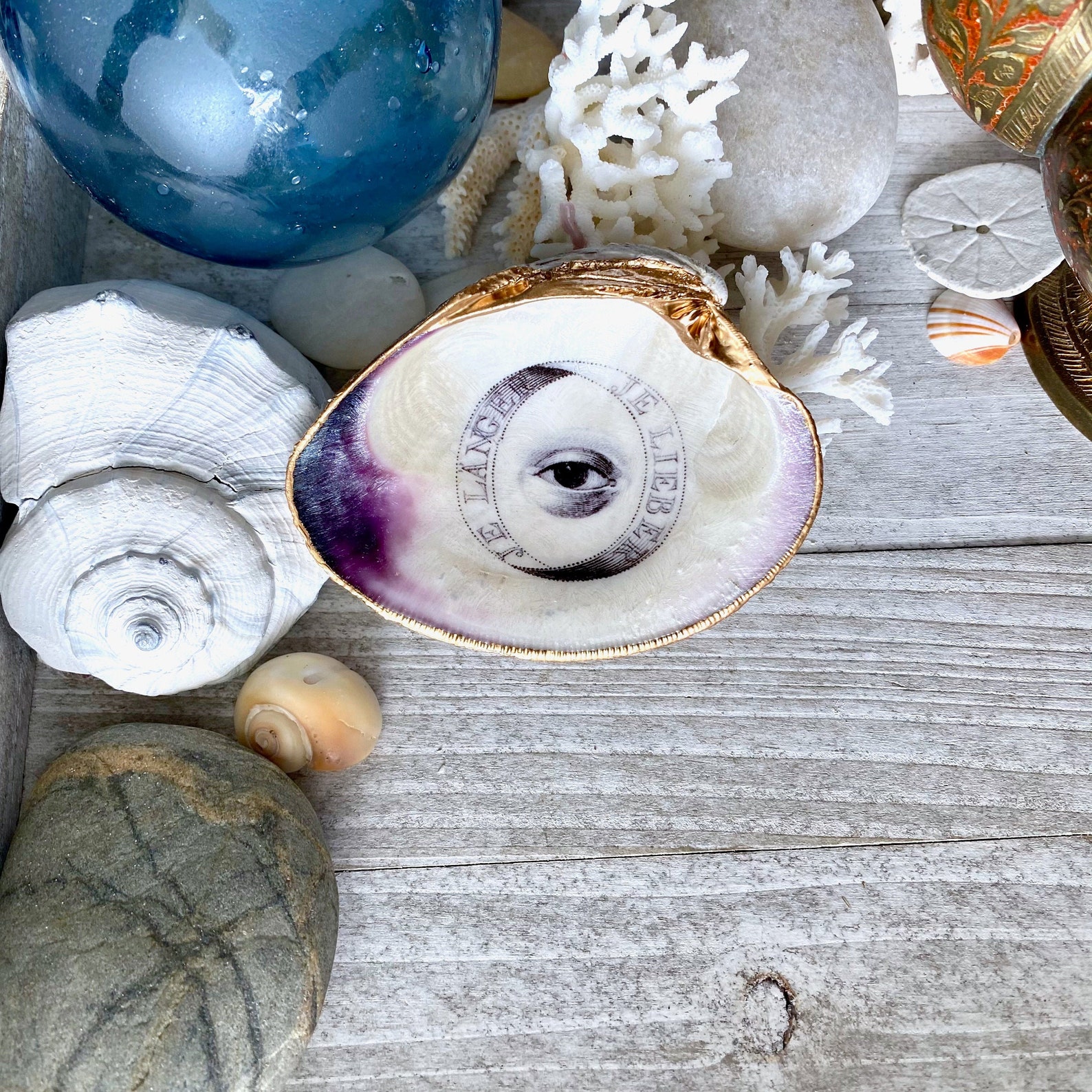 All Seeing Eye, Clam Shell Dish, Decoupage Shell, Trinket Dish, Ring ...