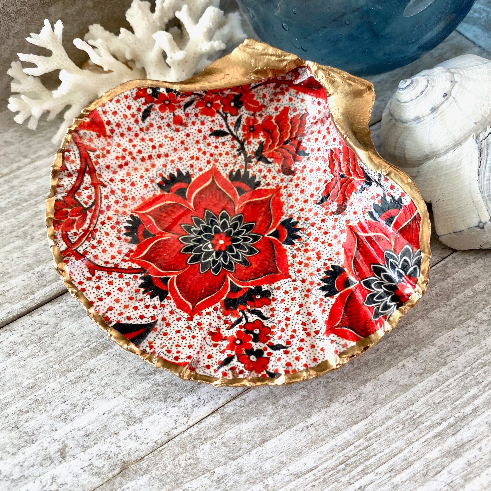 Floral Decoupage Scallop Shell Ring Dish, Sea Shell Dish, Ring Dish ...