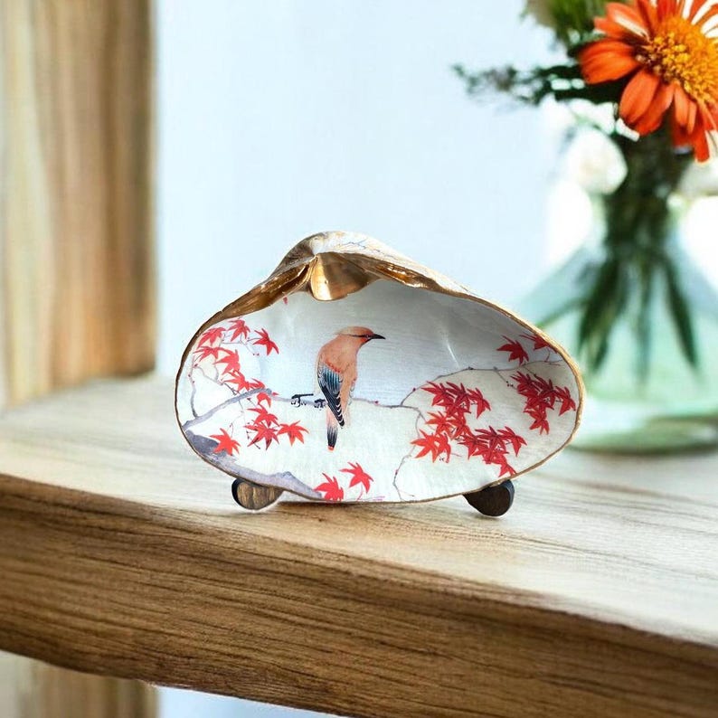 Cedar Waxwing Bird Decoupage Clam Shell Ring Dish, Bird Decor,shell ...