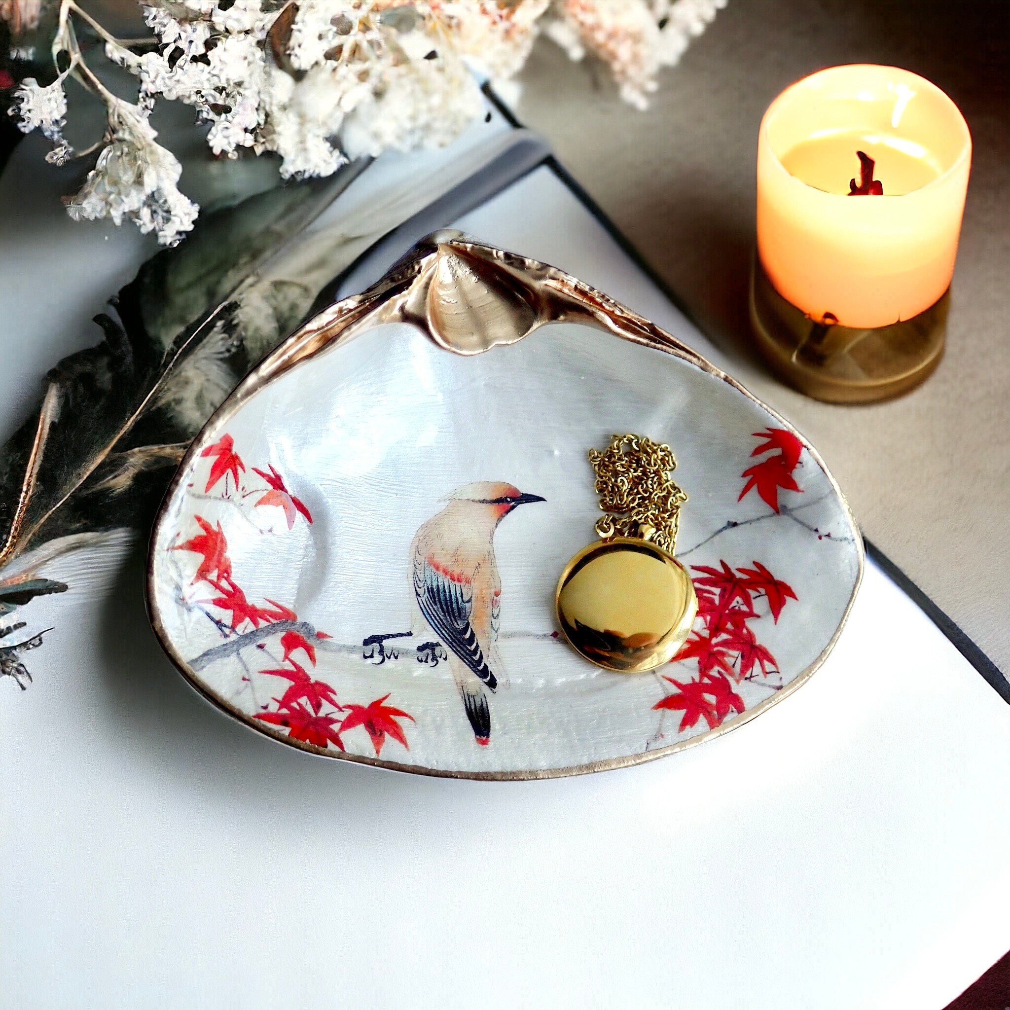 Cedar Waxwing Bird Decoupage Clam Shell Ring Dish, Bird Decor,shell ...