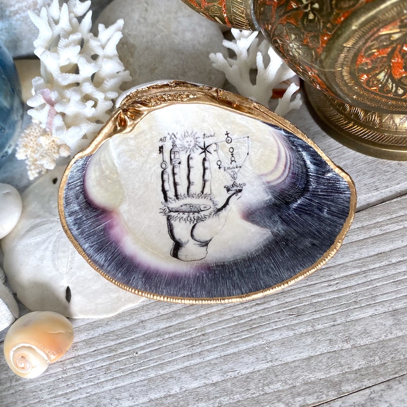 Hand of Wisdom, Clam Shell Dish,decoupage Shell, Hand of the Mysteries ...