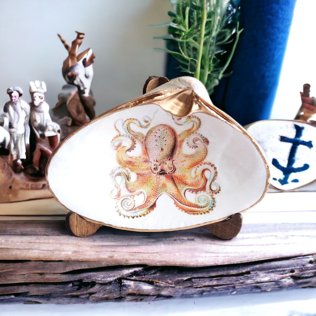 Octopus Decorative Decoupage Clam Shell, Octopus Decor,display Tray ...