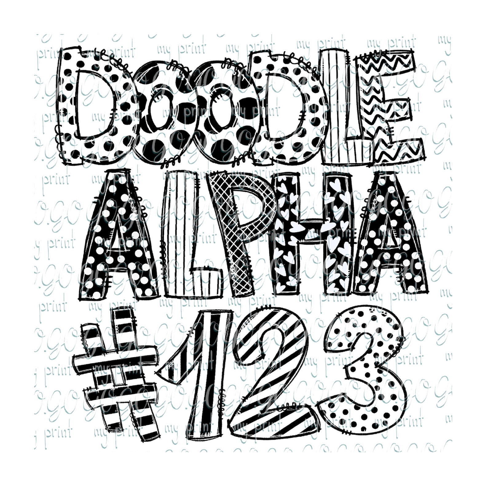 Alphabet Png Files Black White Pattern Doodle Letters Png Bundle ...