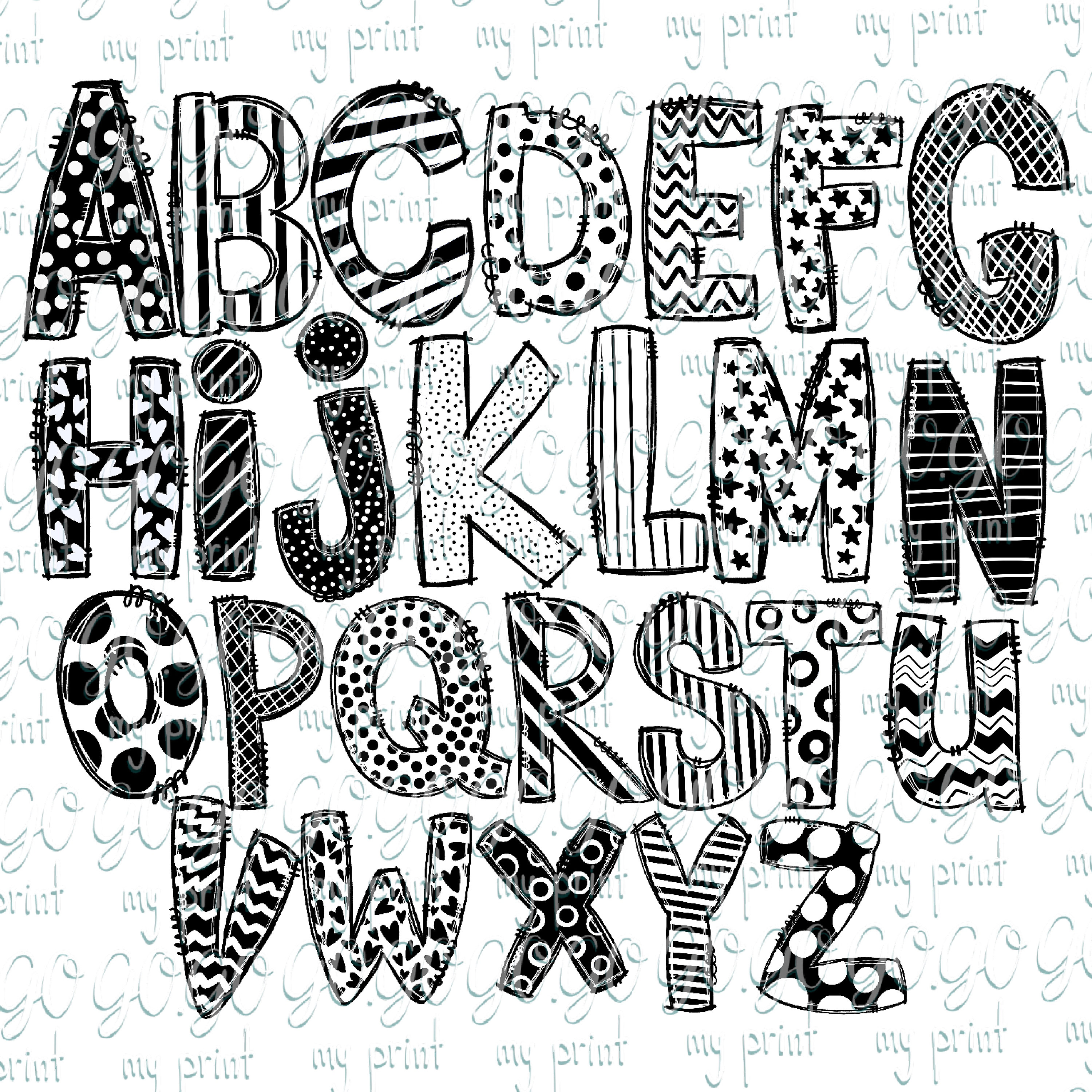 Alphabet Png Files Black White Pattern Doodle Letters Png - Etsy