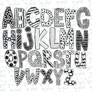 Alphabet Png Files Black White Pattern Doodle Letters Png Bundle ...