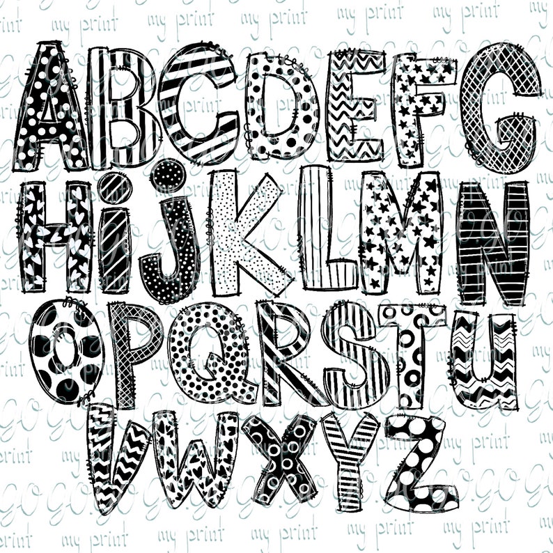 Alphabet Png Files Black White Pattern Doodle Letters Png - Etsy