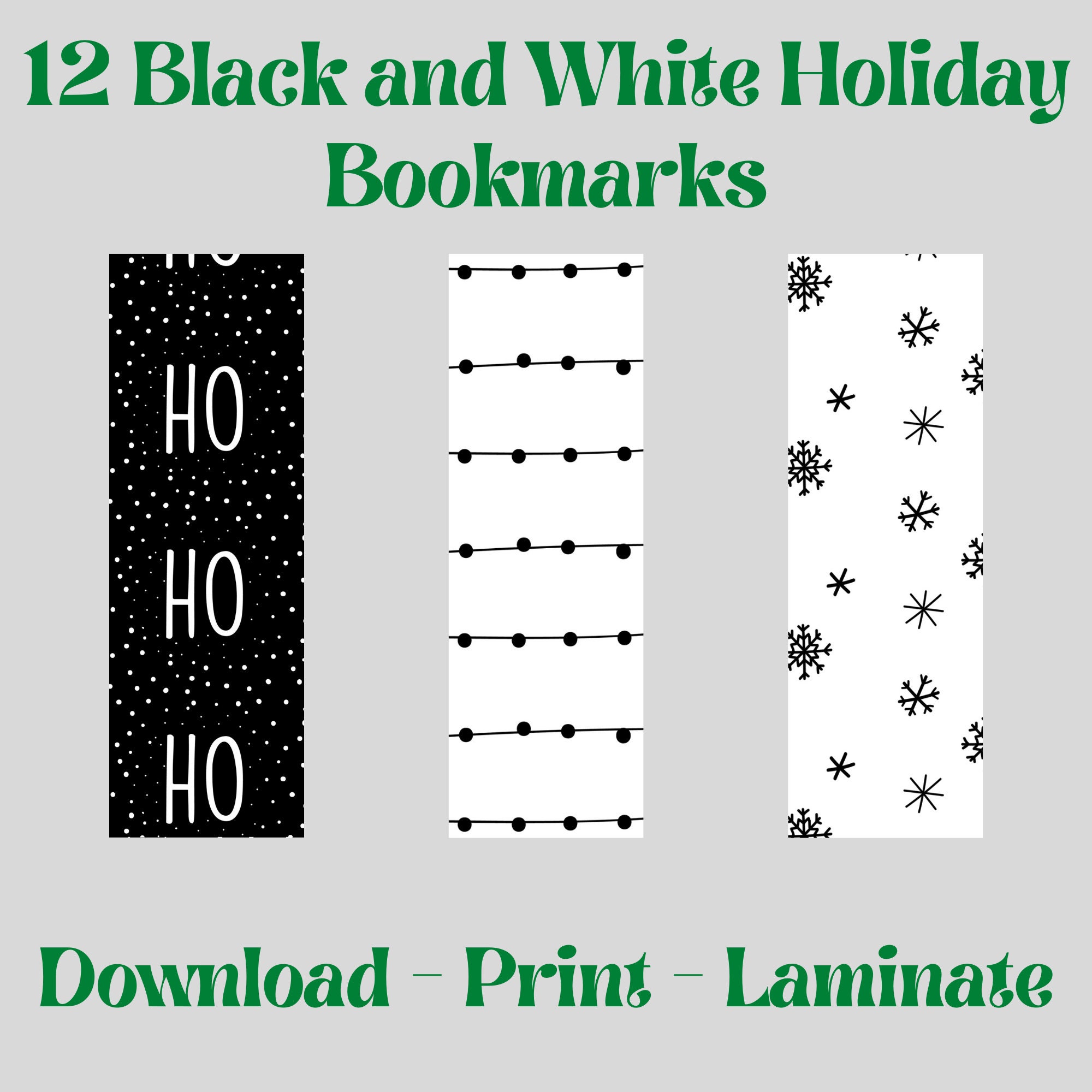Black and White Holiday Bookmarks, Holiday Digital Bookmarks, Black and ...