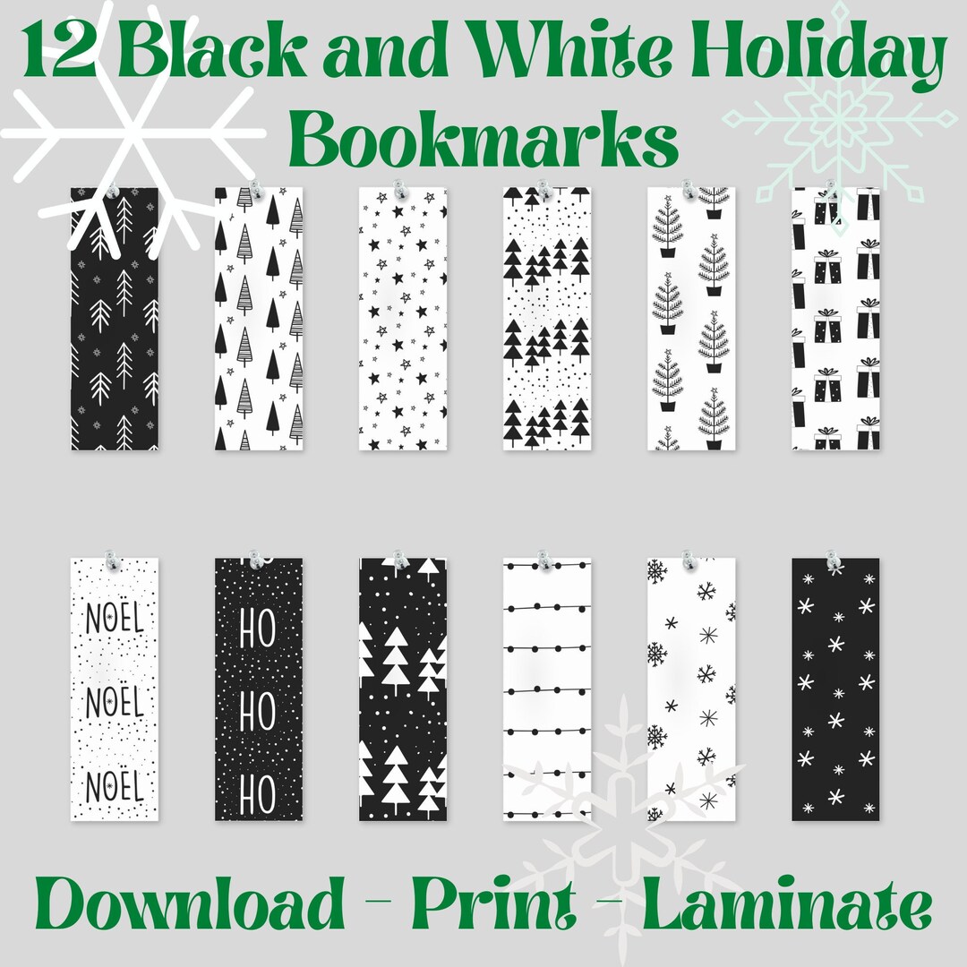 Black and White Holiday Bookmarks, Holiday Digital Bookmarks, Black and ...