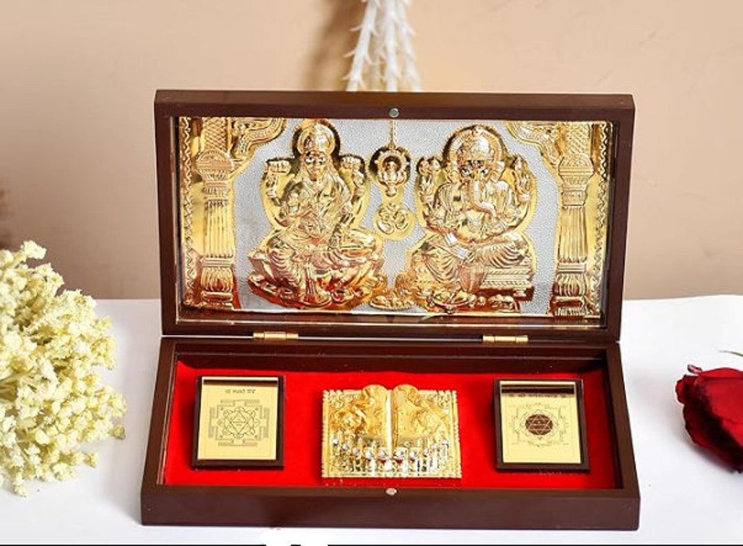 Gold Plated God Idol Charan Paduka ganesha Laxmi Paduka Photo Frame ...