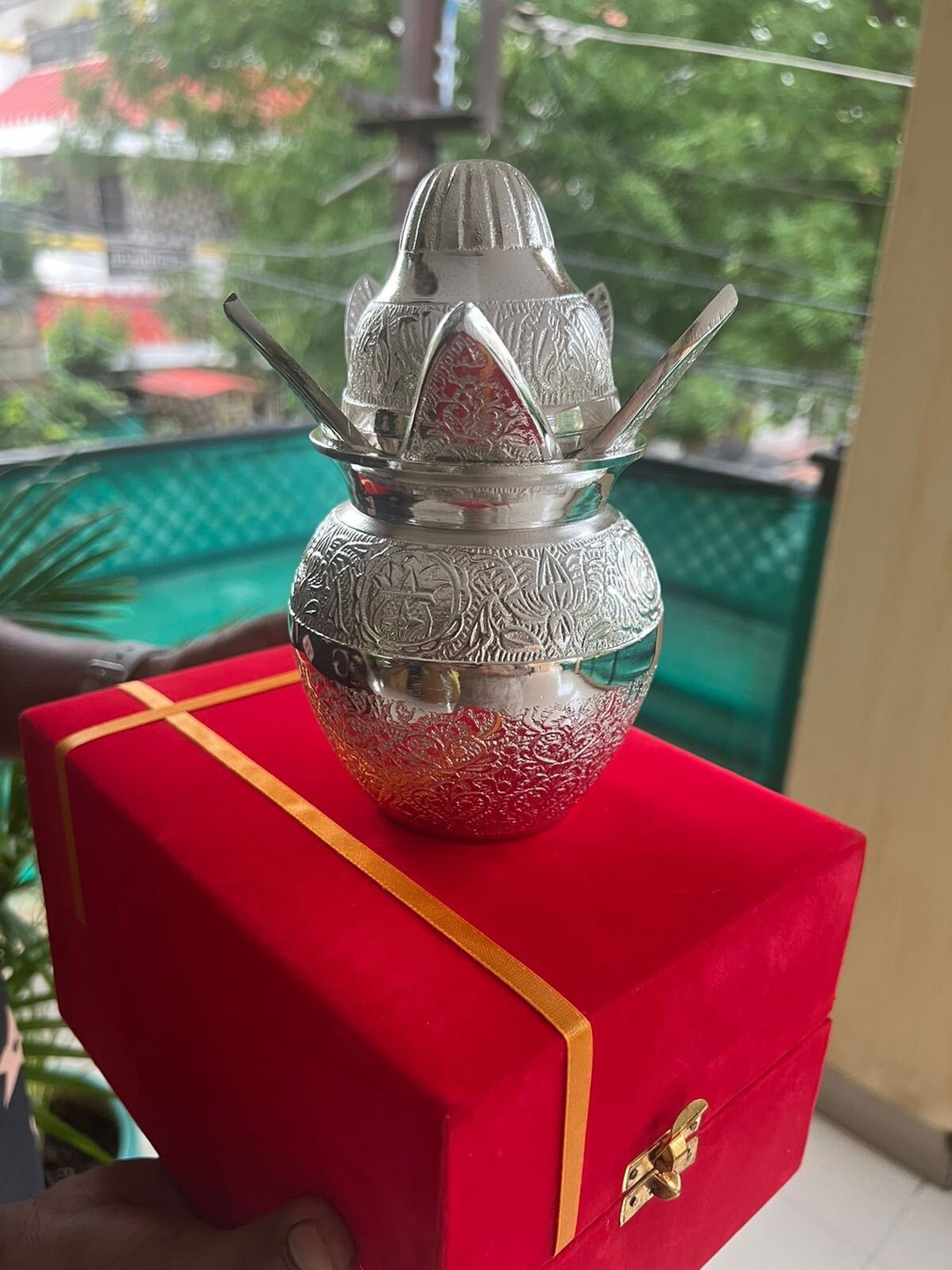 German Silver Mangal Kalash With Velvet Gift Box, Lota and Nariyal ...