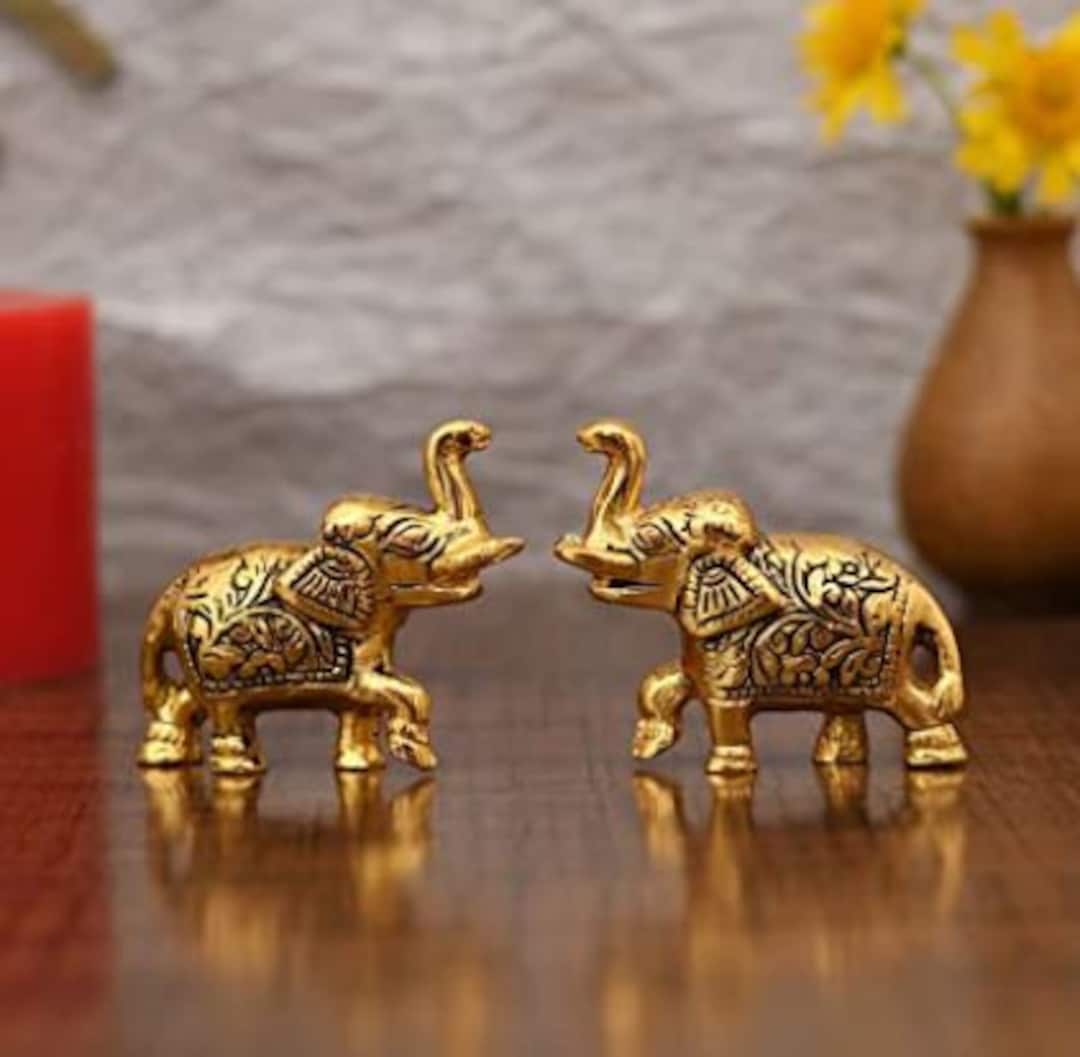 Golden Metal Elephant Statue Pair, Metal Handicraft, Home Decor, Table ...