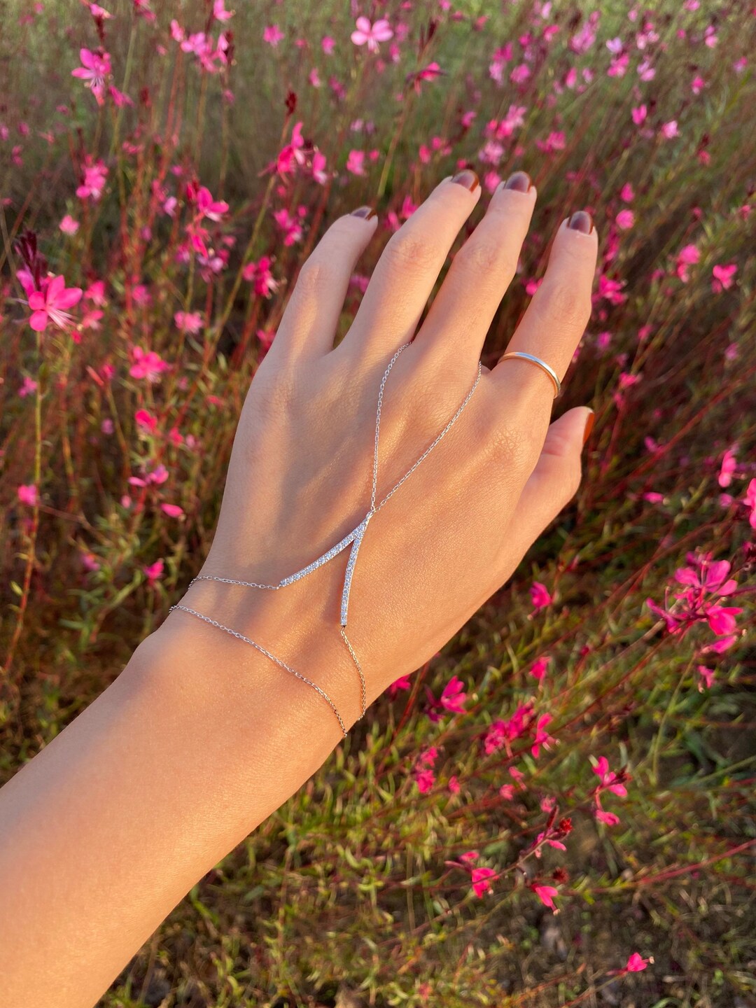 925 Silver Hand Chain Bracelet, V Shaped Slave Bracelet, CZ Dainty ...
