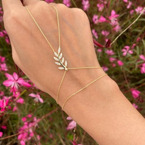 CZ Leaf Hand Chain Bracelet, Silver Wrap Bracelet, Adjustable Bracelet ...