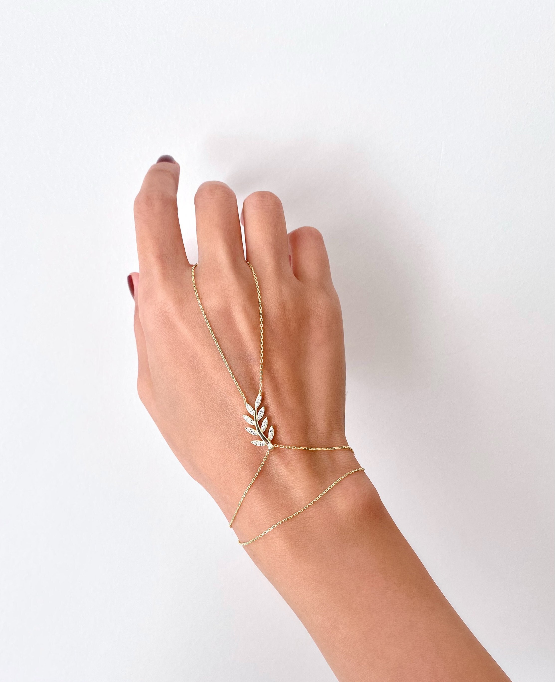 CZ Leaf Hand Chain Bracelet Silver Wrap Bracelet Adjustable - Etsy