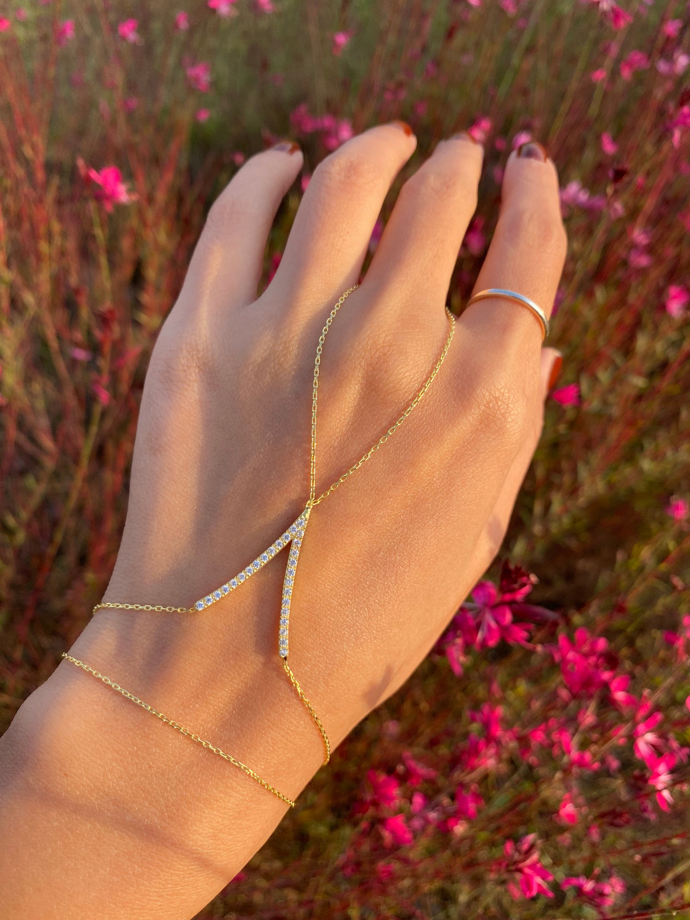 925 Silver Hand Chain Bracelet V Shaped Slave Bracelet CZ - Etsy