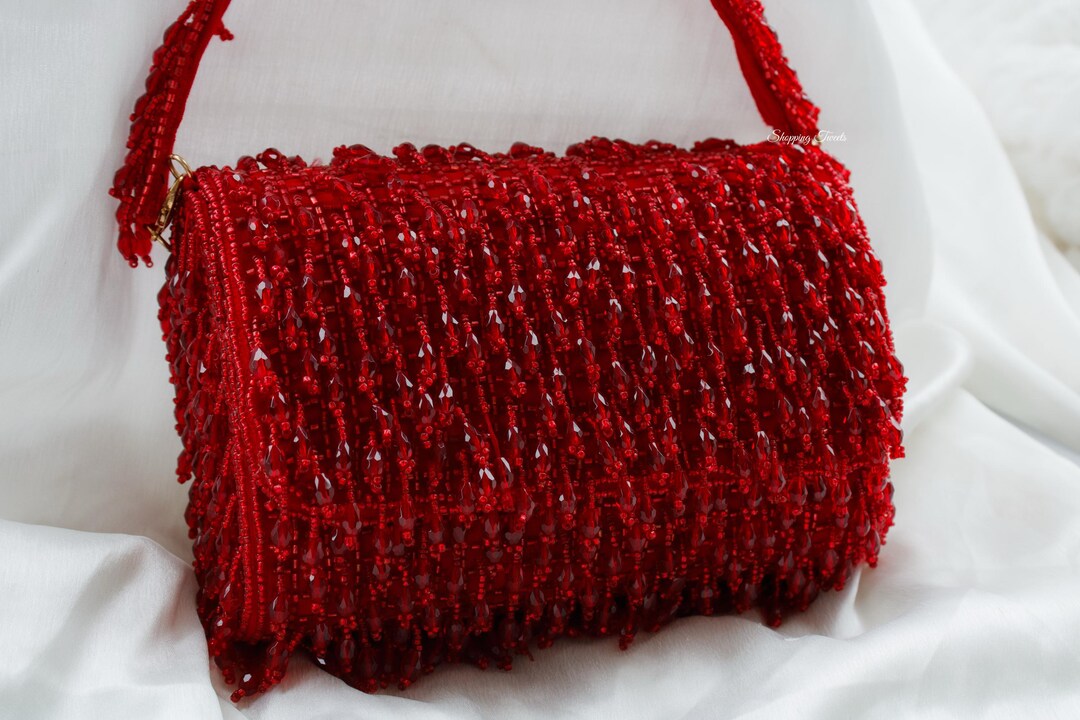 Red Embroidered Bag, Flap Bag With Beaded Handle, Clutch Bags for ...
