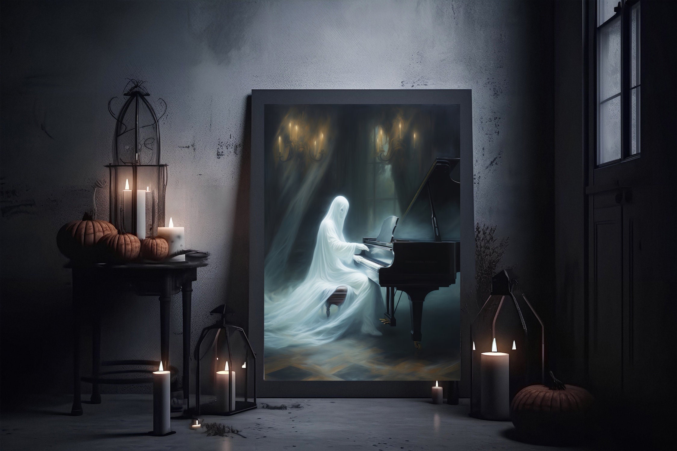 Ghost Playing Piano, Spooky Print, Musical Ghost Poster, Goth Academia ...