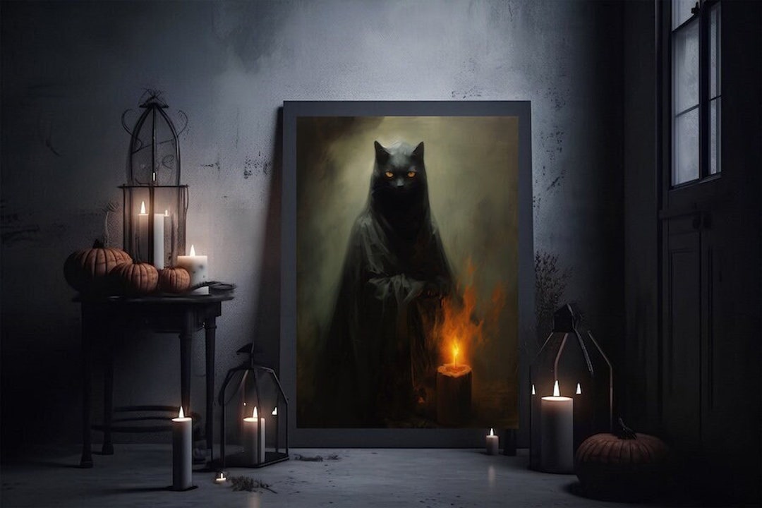 Ghost Cat, Spooky Print, Black Cat Lady With Candle, Goth Kitty, Creepy ...