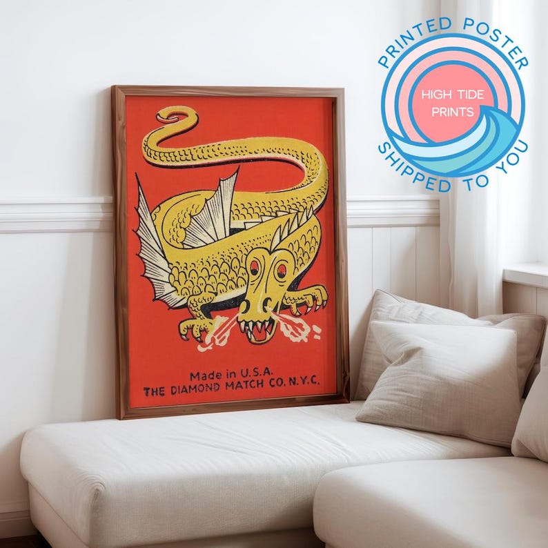 Vintage Red Dragon Matchbook Art Print: Fire Breathing Dragon, Printed ...