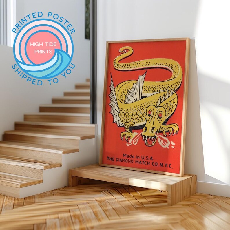 Vintage Red Dragon Matchbook Art Print: Fire Breathing Dragon, Printed ...