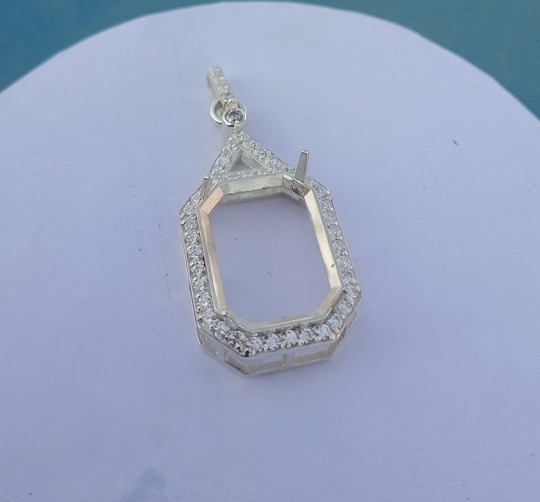 925 Sterling Silver Halo Octagon Pendant Setting , Semi Mount Pendant ...