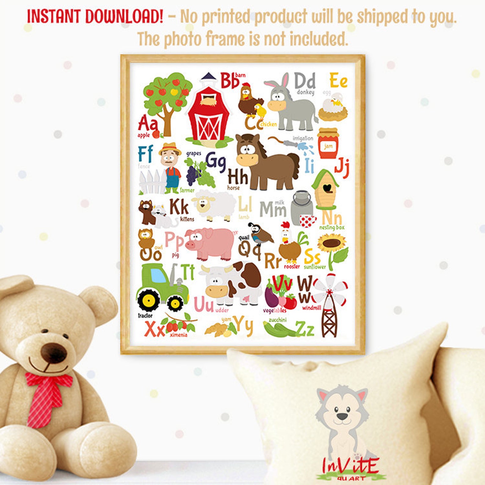 Cute English Farm Alphabet WALL DECOR, Barnyard ABC, A to Z Wall Art ...