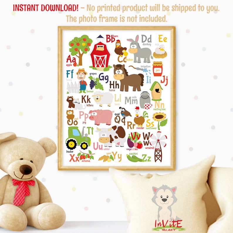 Cute English Farm Alphabet WALL DECOR, Barnyard ABC, A to Z Wall Art ...
