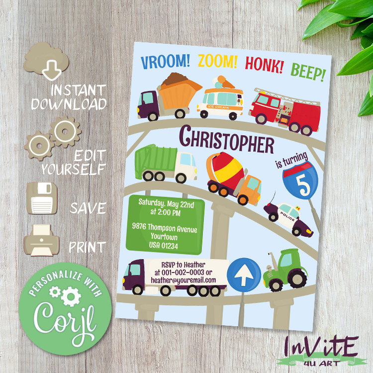 Editable TRANSPORT Invitation, Birthday Invite With CORJL, Free DEMO ...