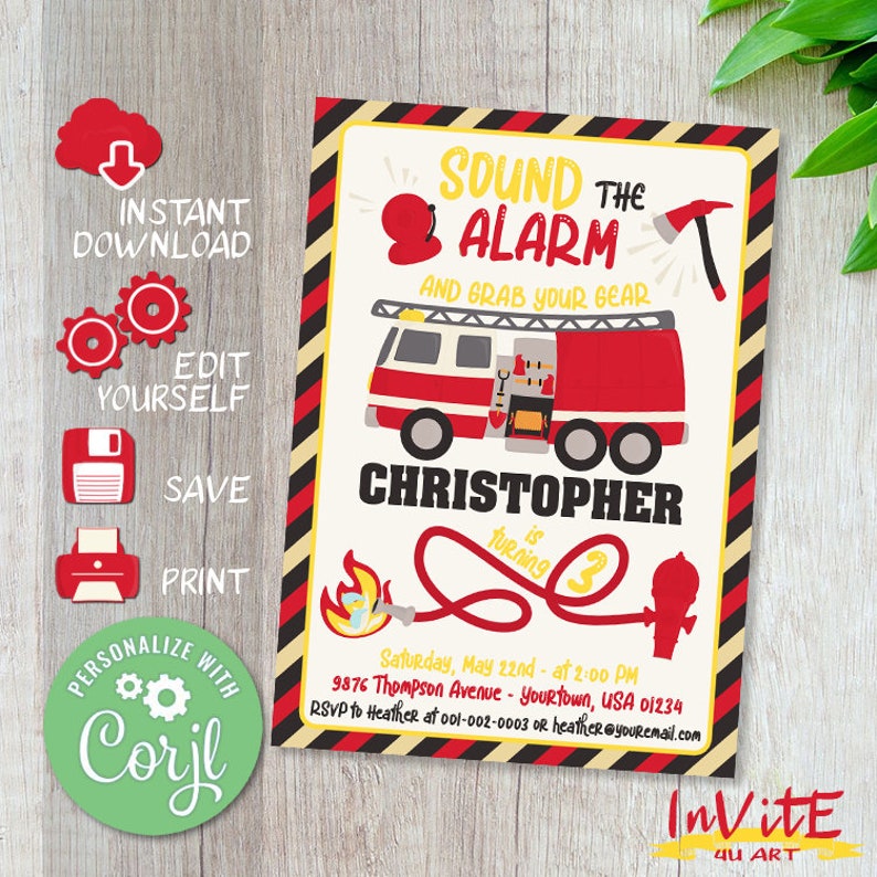 Editable FIREFIGHTER Birthday Invitation, Free Corjl DEMO, Firefighter ...