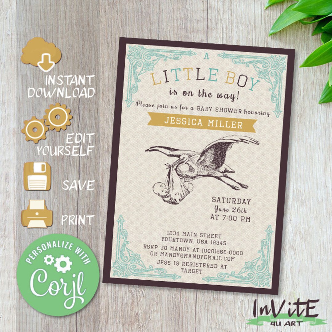 Editable, Vintage BABY SHOWER Invitation, Free CORJL Demo, Invite, It's ...