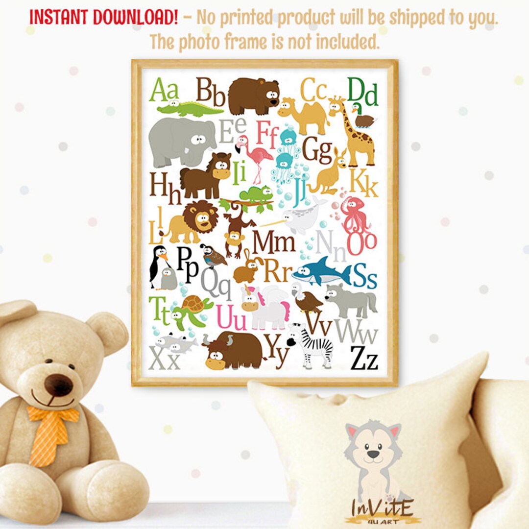 Cute English Animal Alphabet, WALL DECOR, Colorful Nursery Prints, ABC ...