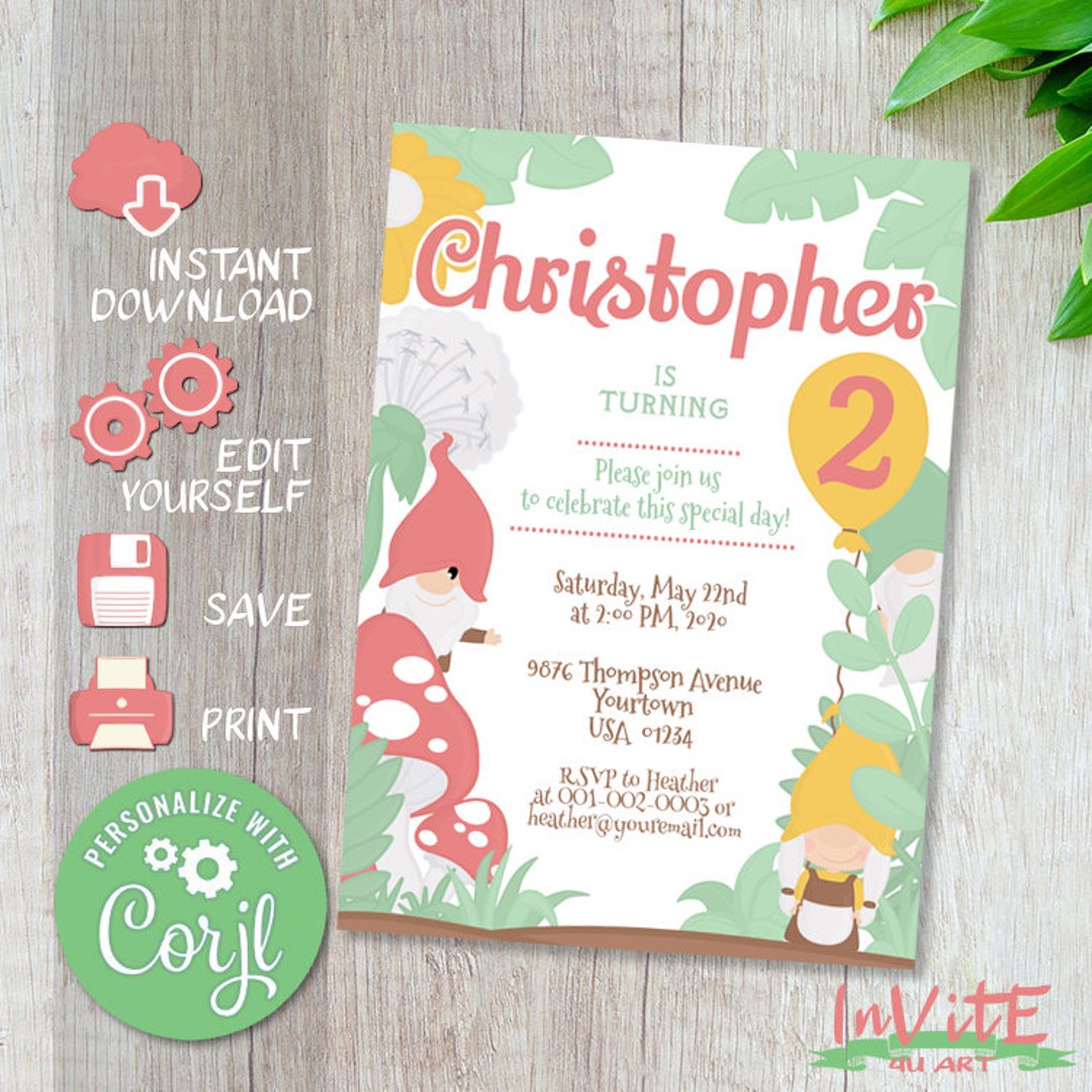 Editable GNOME Invitation, Free CORJL DEMO, Forest Gnomes, Birthday ...