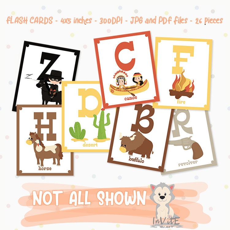 Cute WESTERN FLASHCARDS for Kids, Learning Material, Alphabet Cards ...