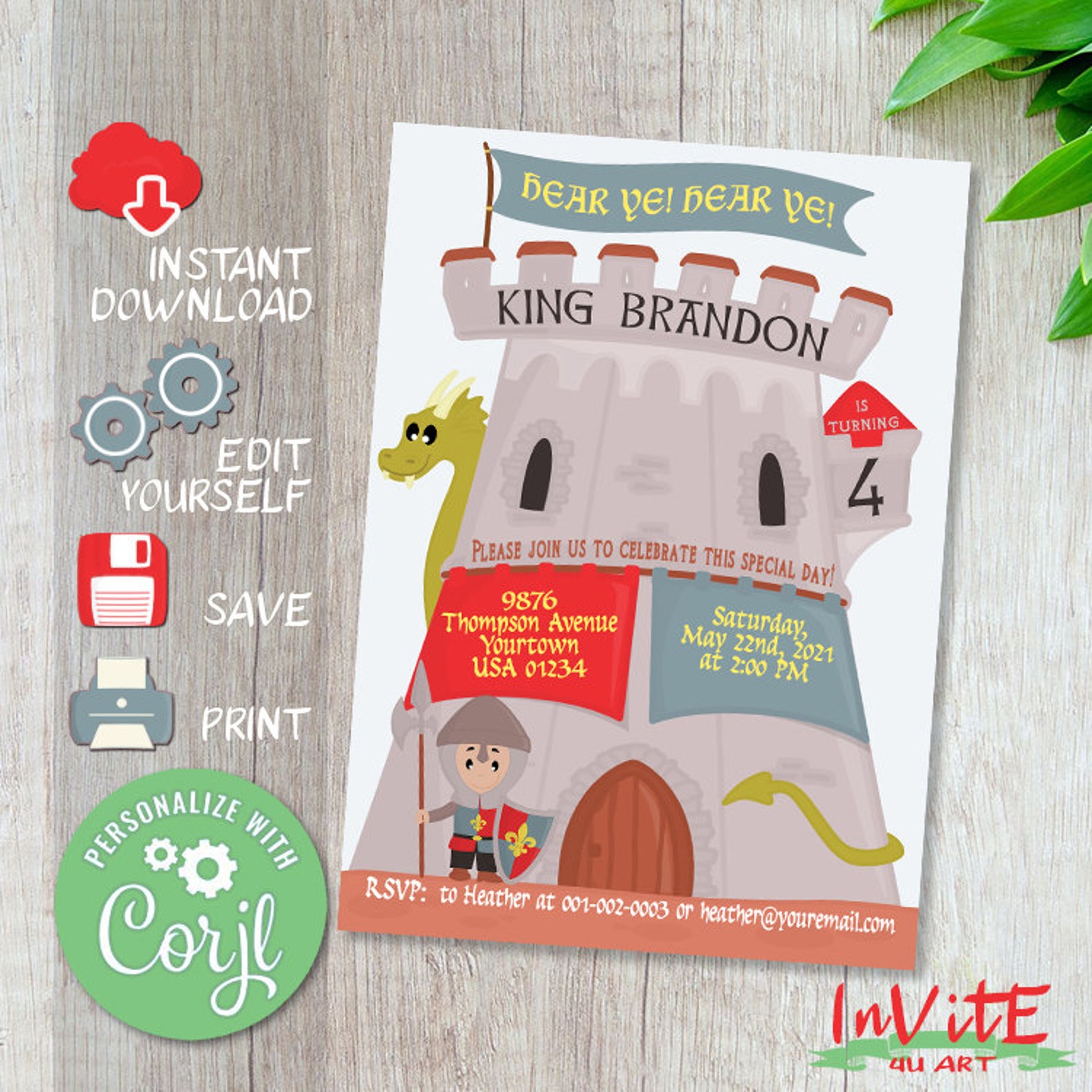 Editable MEDIEVAL Birthday Invitation, Free CORJL DEMO, Fairy Tale, Boy ...