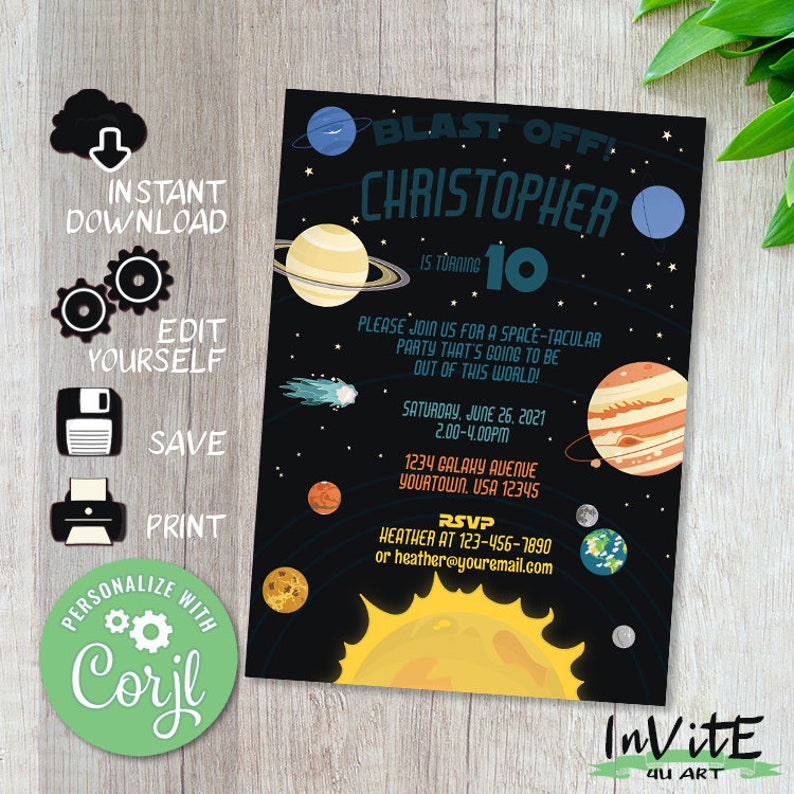 Editable SOLAR SYSTEM Birthday Invitation, Free Corjl DEMO, Planet ...