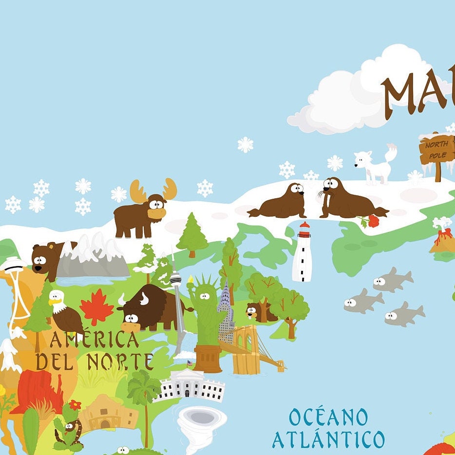 Cute Printable ESPAÑOL WORLD MAP, High Resolution Poster for Kids ...