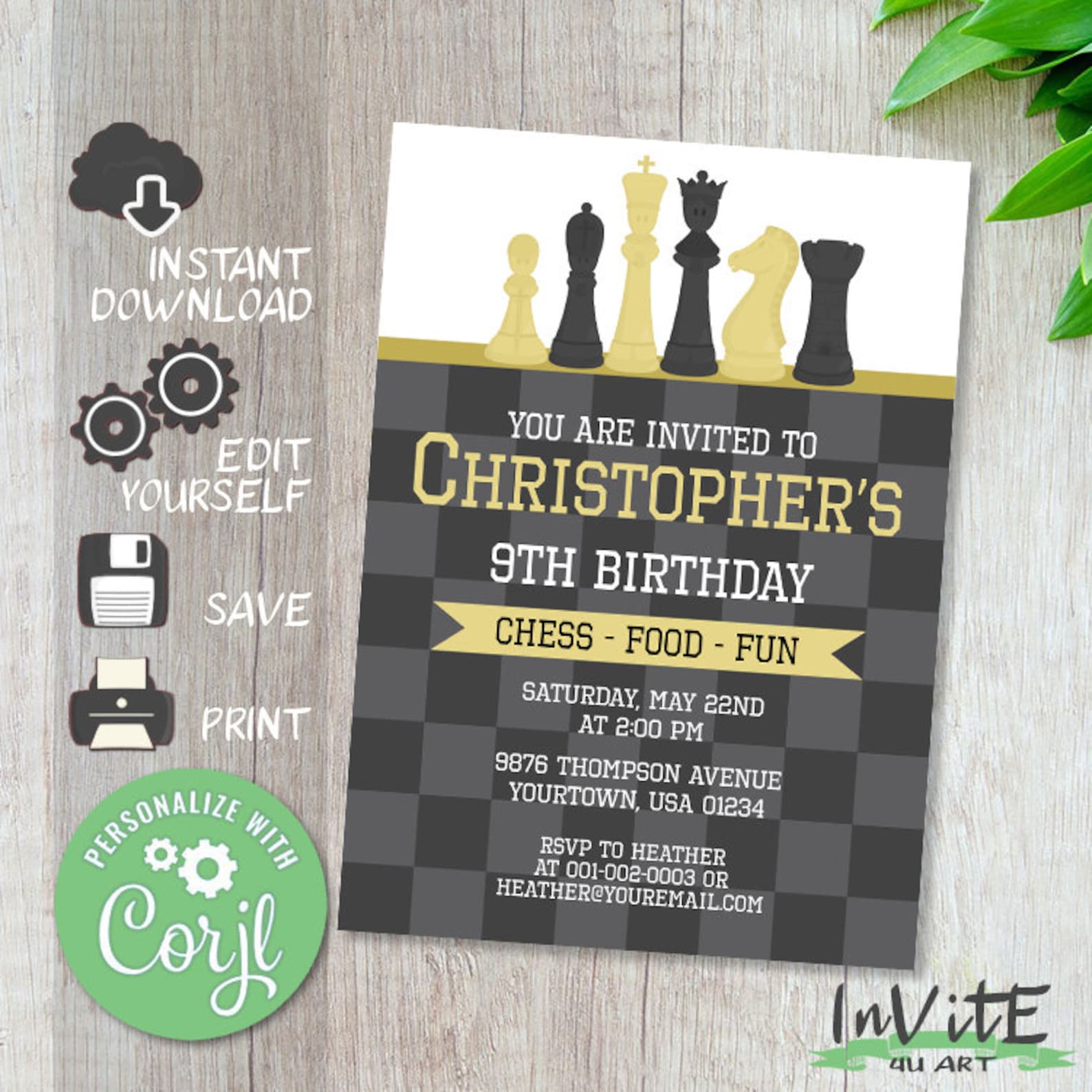 Editable CHESS Birthday Invitation, Free CORJL Demo, Board Game Invite ...