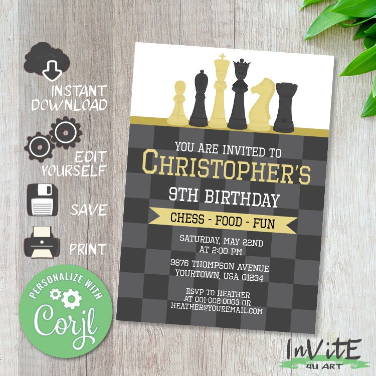Editable CHESS Birthday Invitation, Free CORJL Demo, Board Game Invite ...