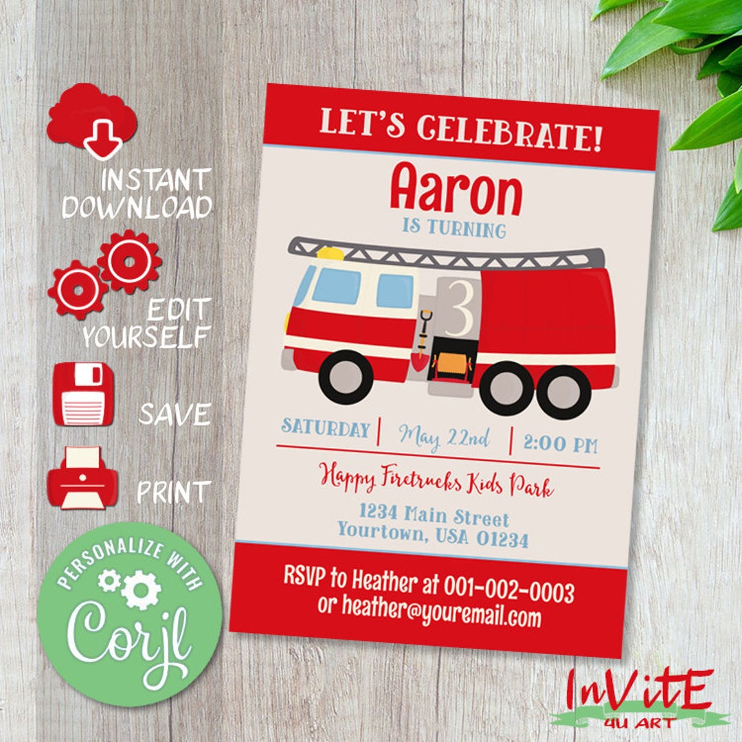 Editable FIRE ENGINE Birthday Invitation, Free CORJL Demo, Boy Birthday ...