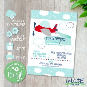 Editable AIRPLANE Invitation for Kids, Free CORJL DEMO, Aviation ...