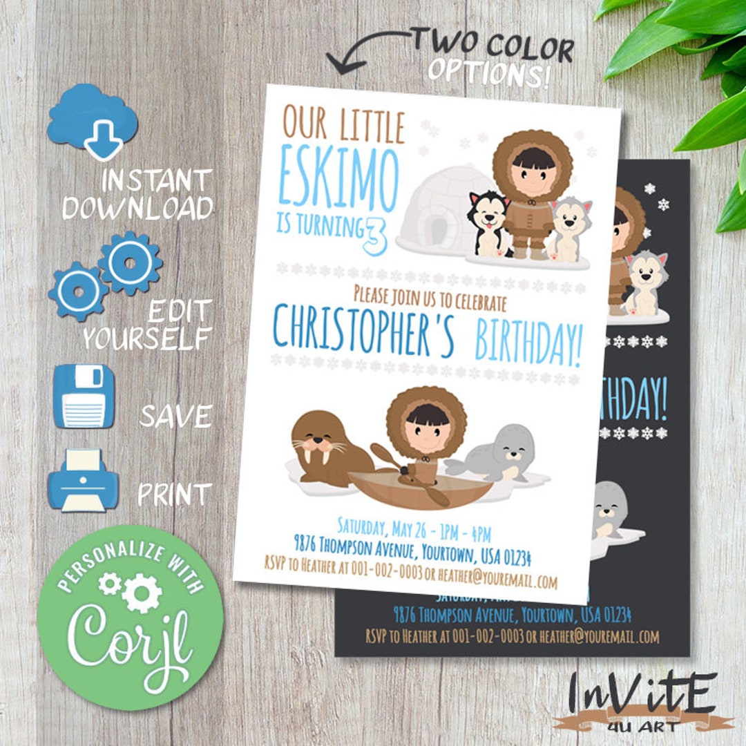 Editable ESKIMO Birthday Party Invitation, Free CORJL DEMO, Arctic ...