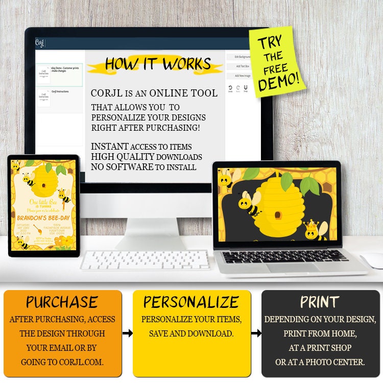 Editable Bee-birthday Invitation, Free CORJL DEMO, Busy Bee Invite ...
