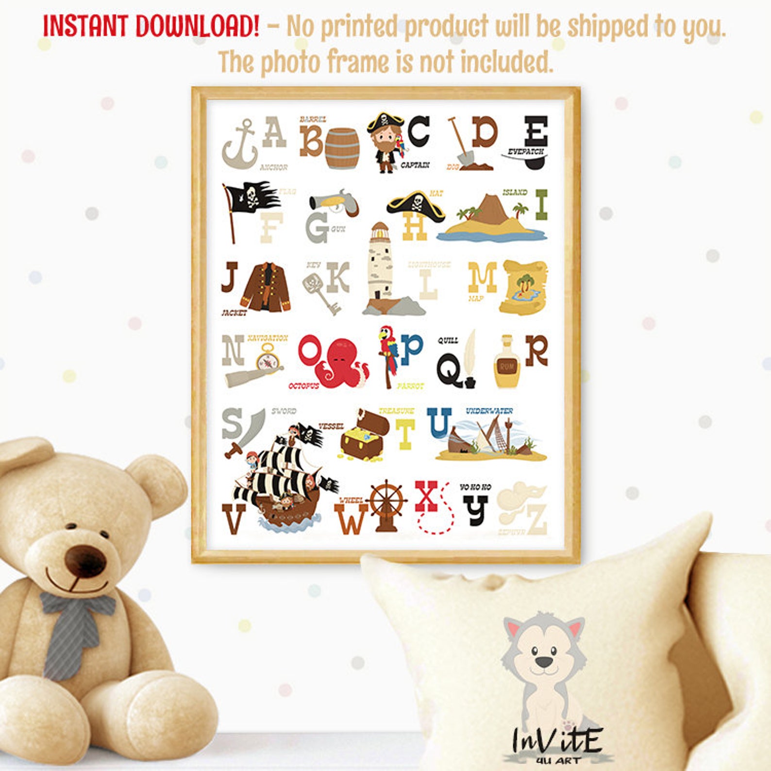 Cute PIRATE Alphabet, Poster, Digital Nursery Prints, PIRATE Themed Art ...